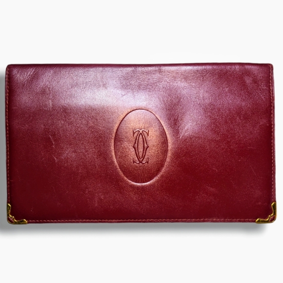 Cartier | Bags | Cartier Burgundy Leather Double C Logo Long Folding ...